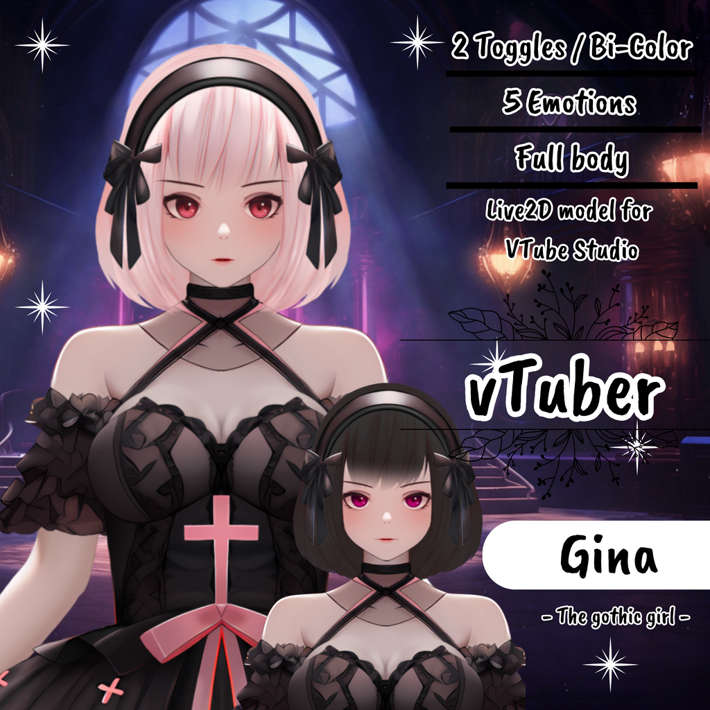 VTuber Gina, the Gothic Girl with 5 emotions & 2 toggles – Cute Cake Design
