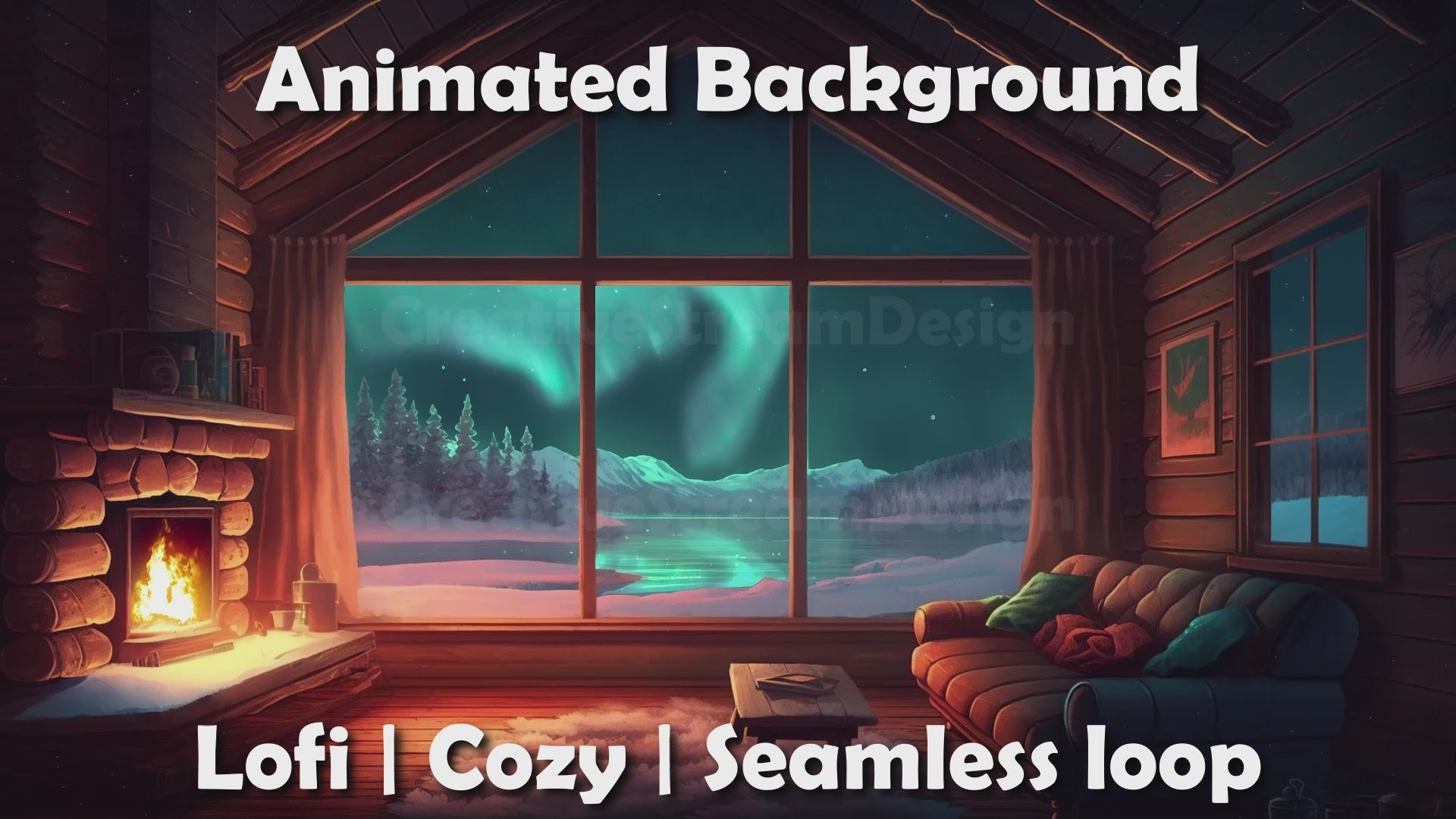 Animated Background | Log Cabin Room with Fireside and Aurora Lights ...